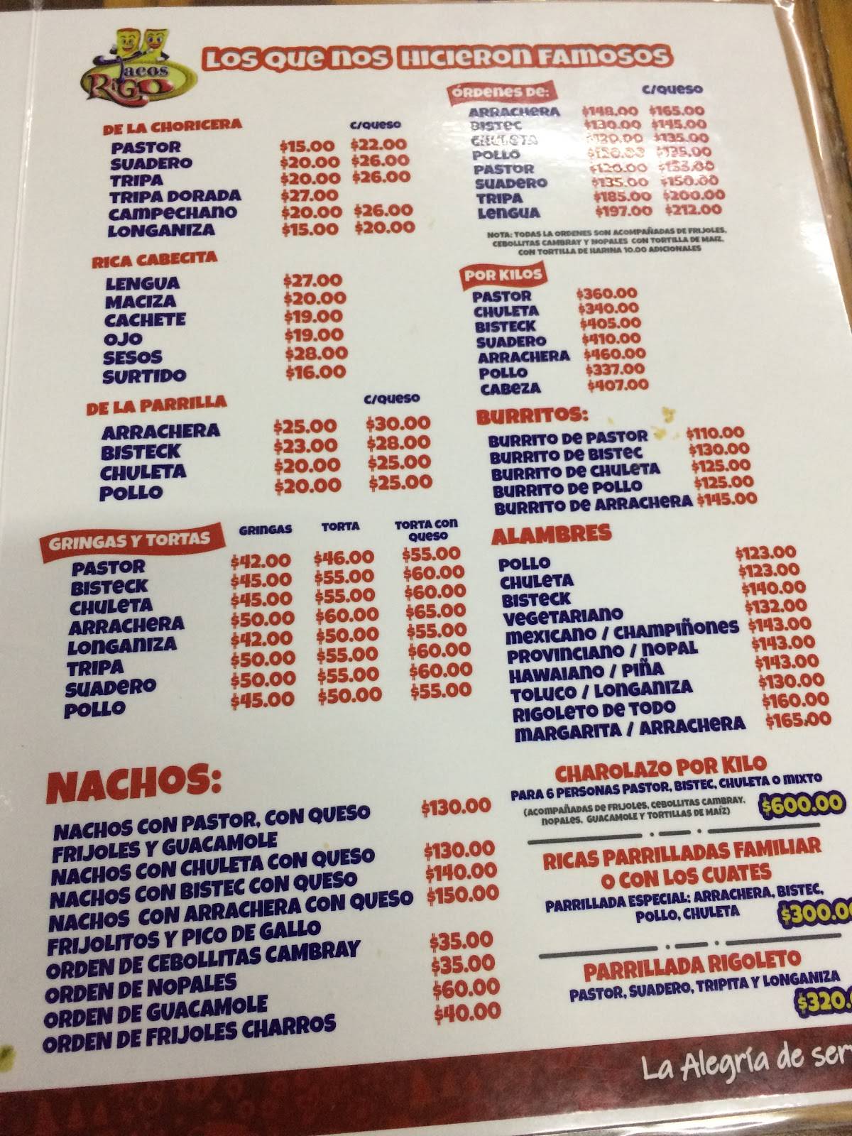 Carta del restaurante Tacos Rigo, Cancún, Playa 50 ‎ Cancun Centro Off ...