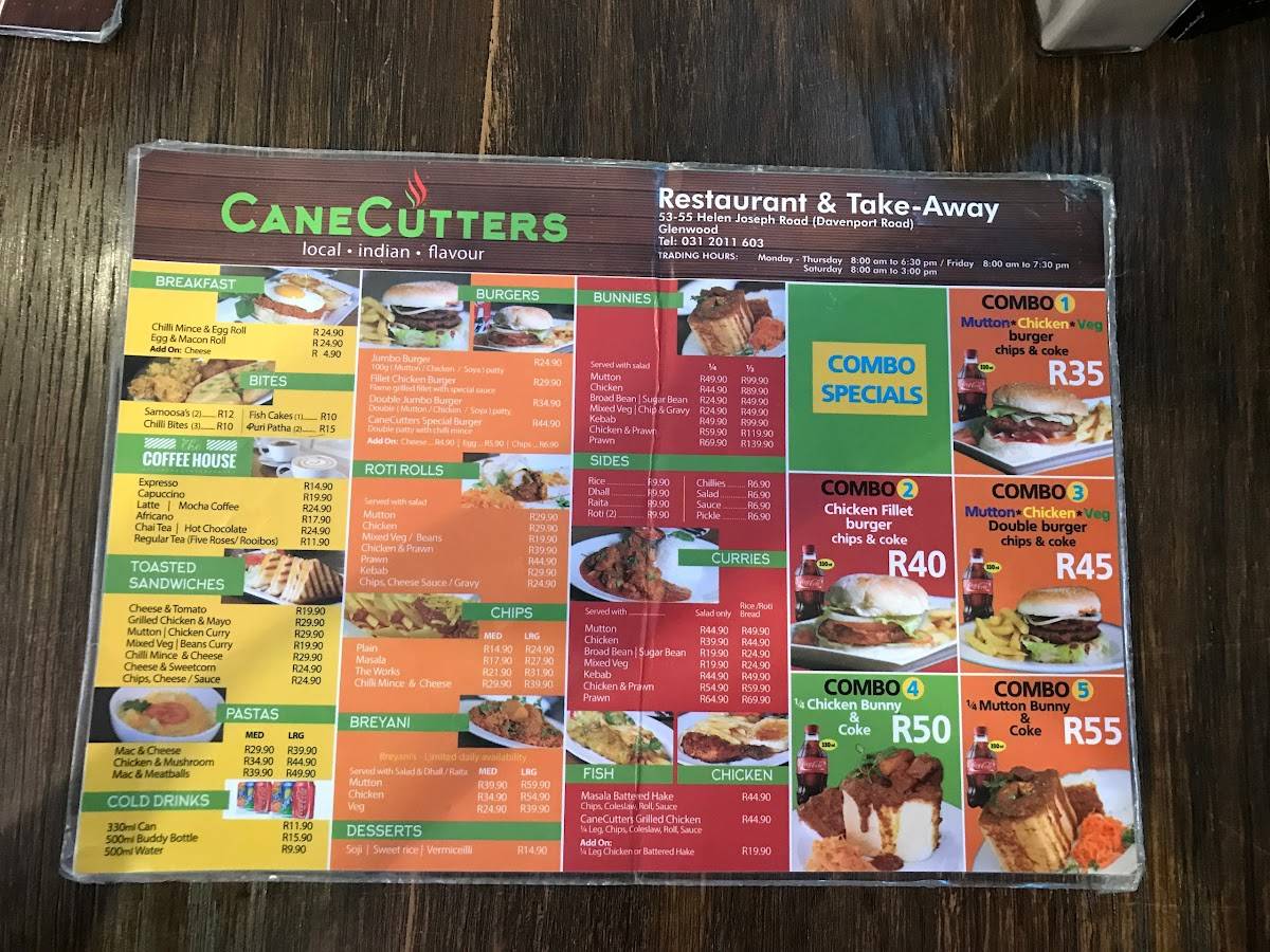 Menu at Canecutters Glenwood restaurant, Durban, 53-55 Helen Joseph Rd