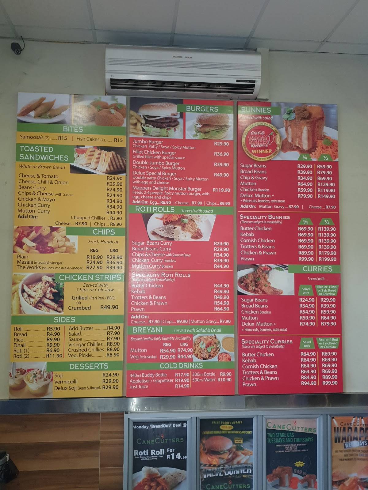 Menu at Canecutters Glenwood restaurant, Durban, 53-55 Helen Joseph Rd