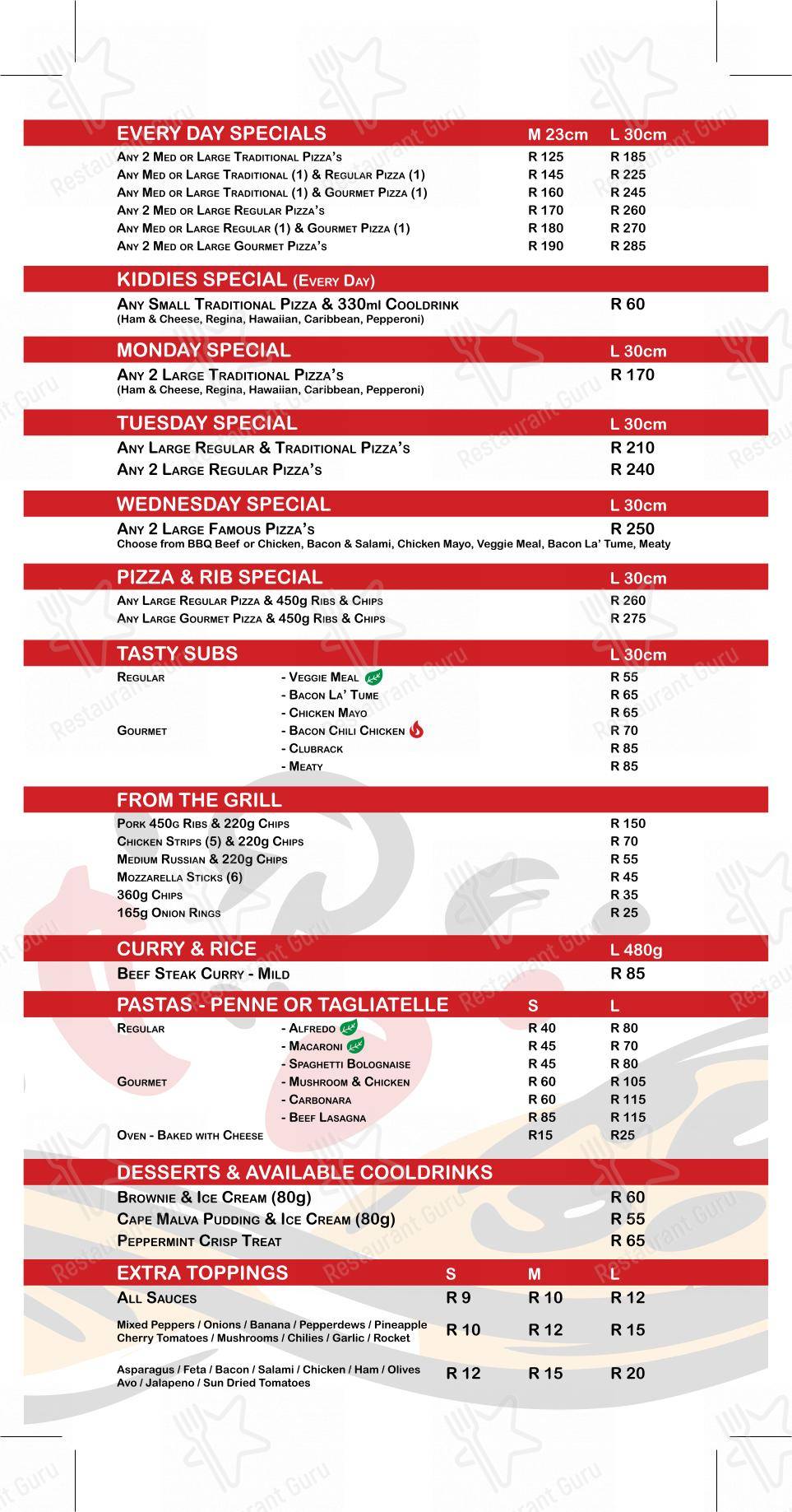 Menu at Cango Woodfired Pizzas pizzeria, Oudtshoorn