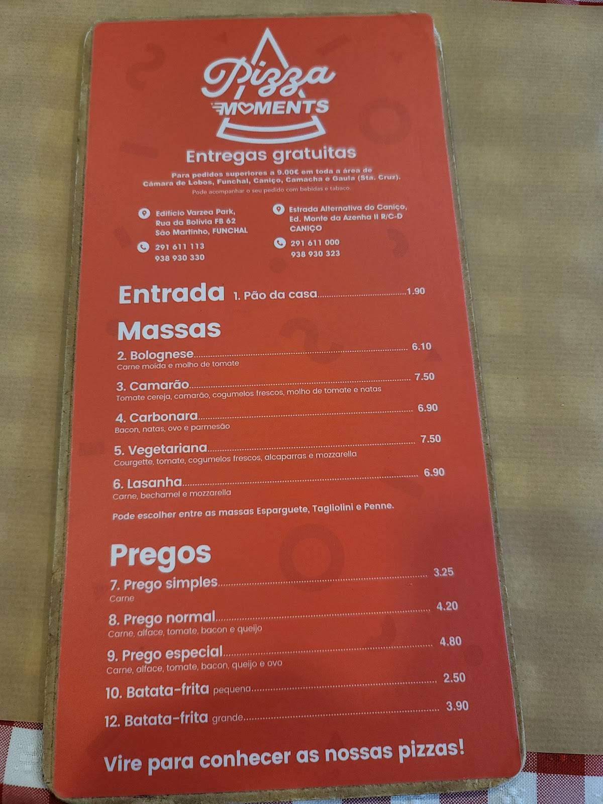Menu em Pizza Moments ll restaurante, Caniço
