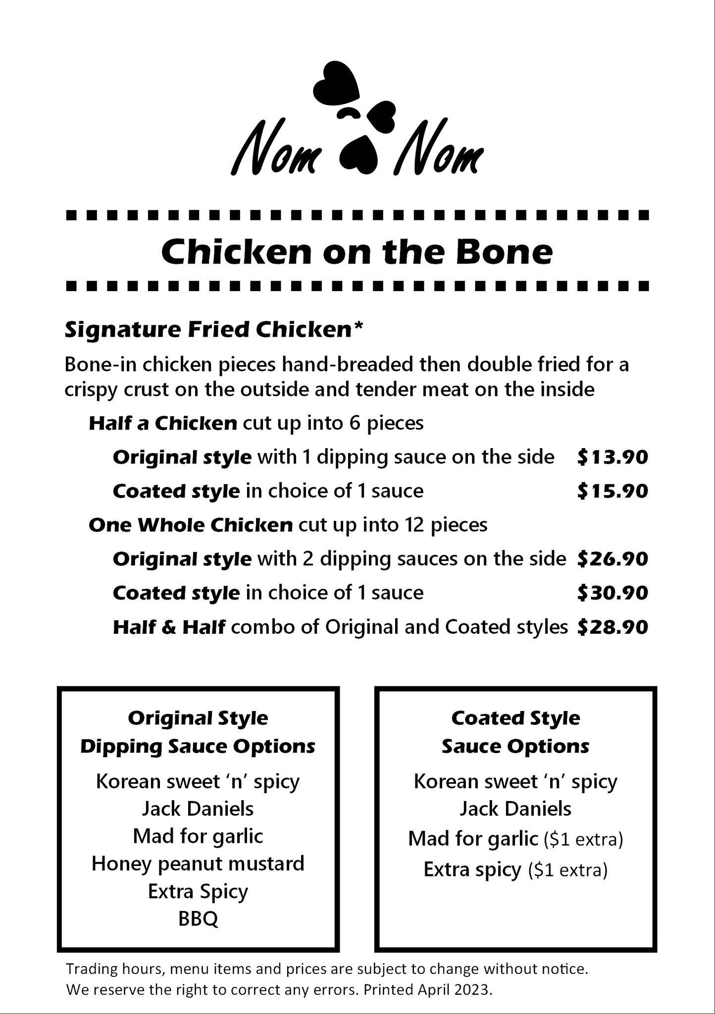 Menu at Nom Nom Chicken restaurant, Canning Vale