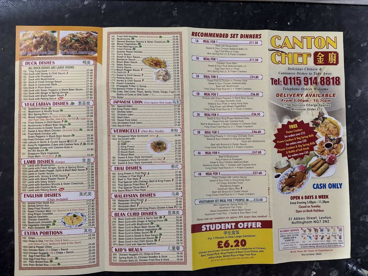 Menu at Canton Chef restaurant, Nottingham, 51 Abbey St