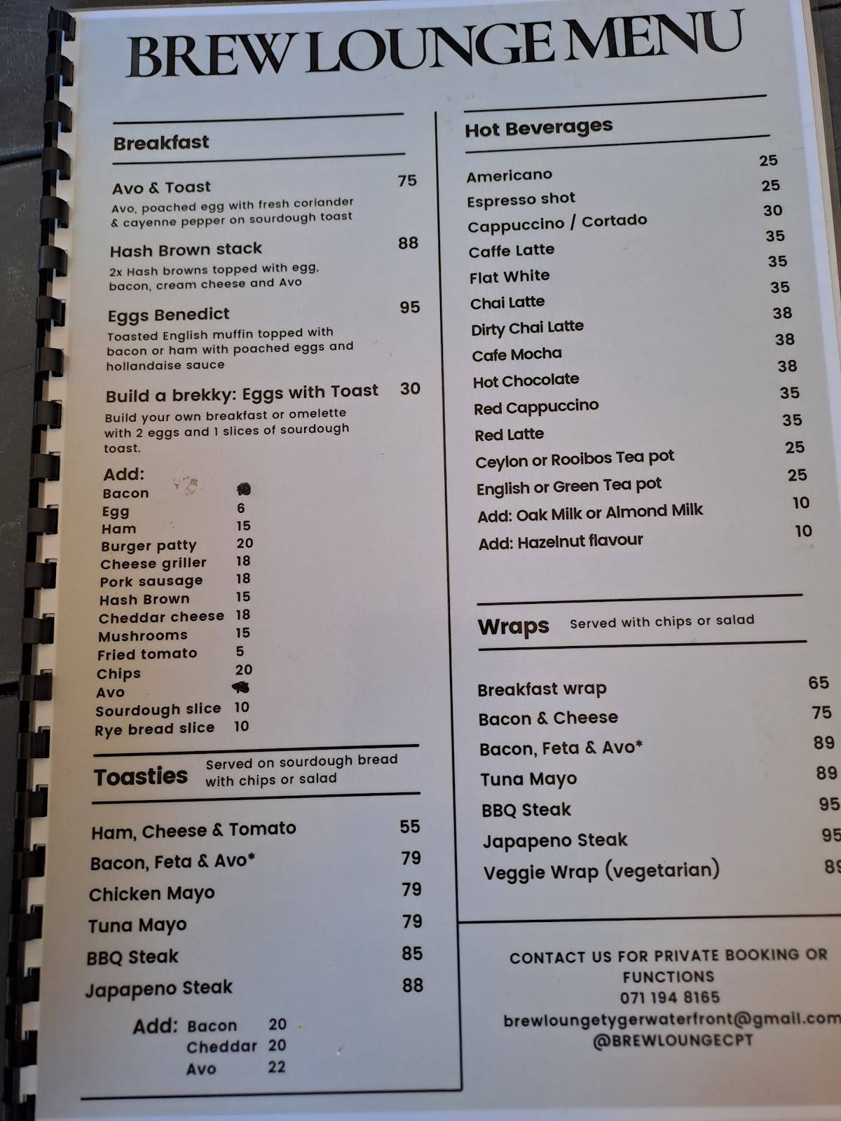 Menu at Brew Lounge restaurant, Cape Town