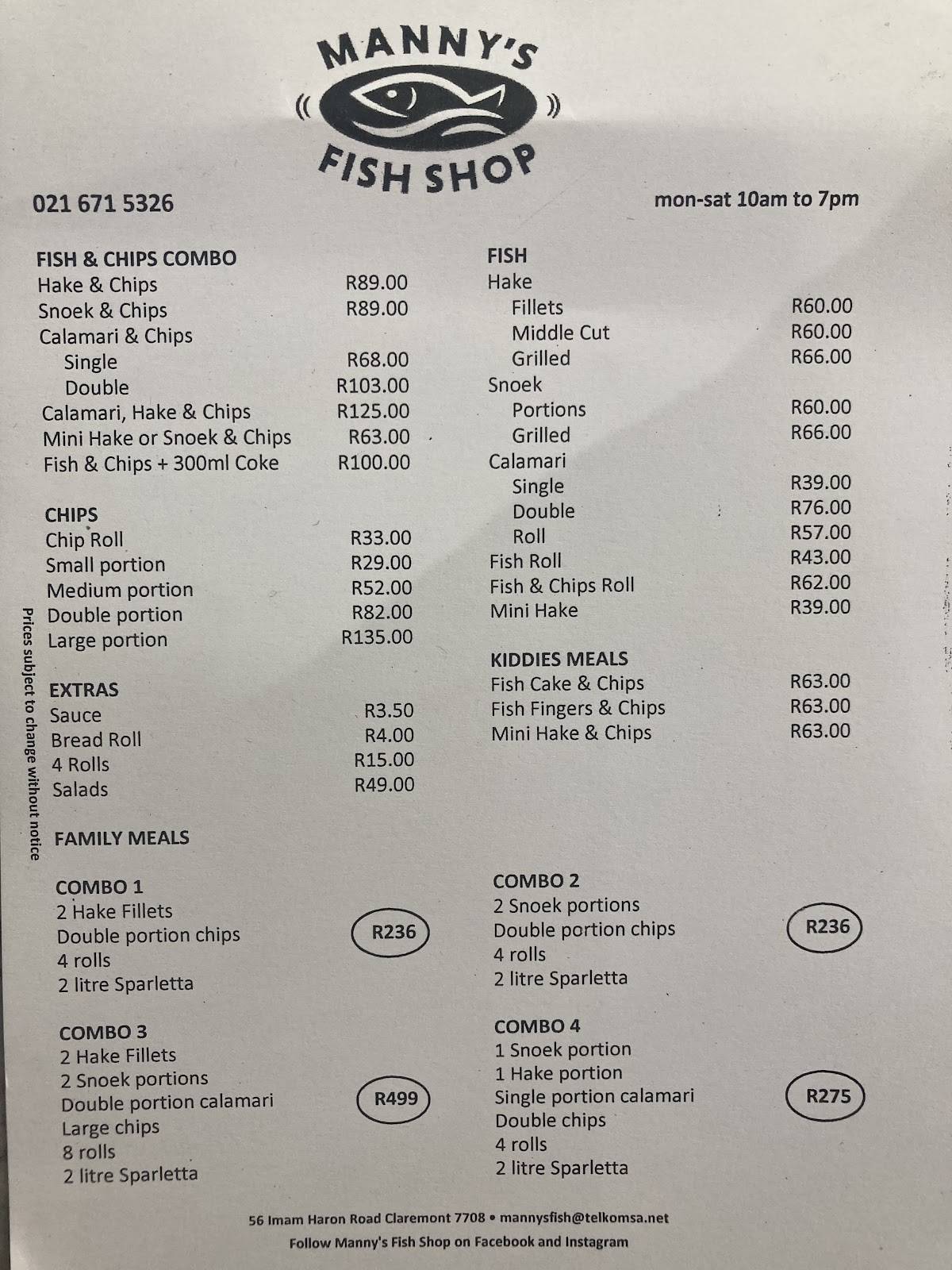 Menu at Manny's Fish Shop restaurant, Cape Town, 56 Imam Haron Rd