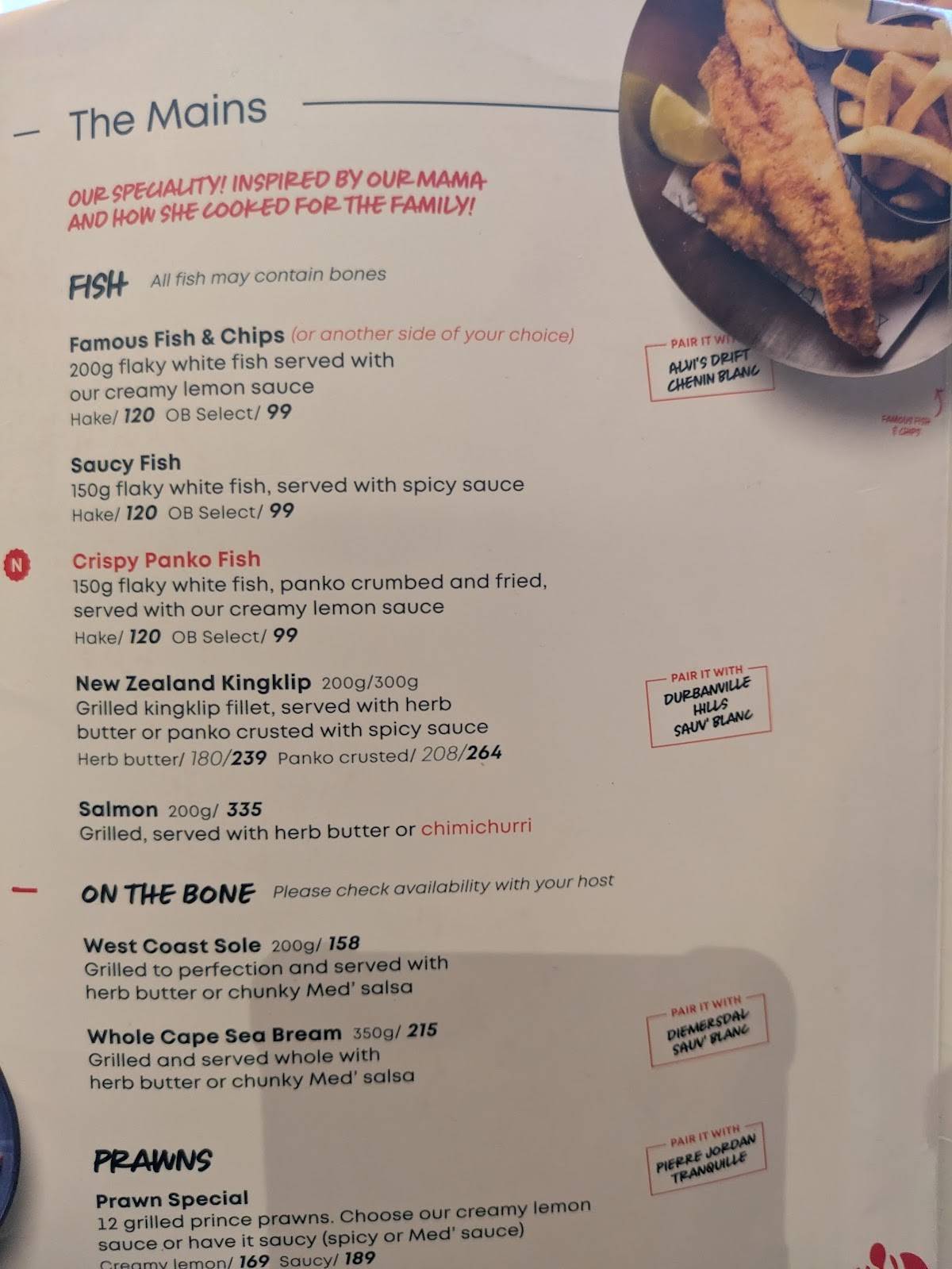 Menu at Ocean Basket V&A Waterfront restaurant, Cape Town, Shop 222
