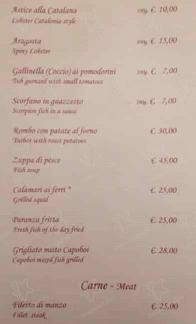 Menu at Capo Boi restaurant, Rome