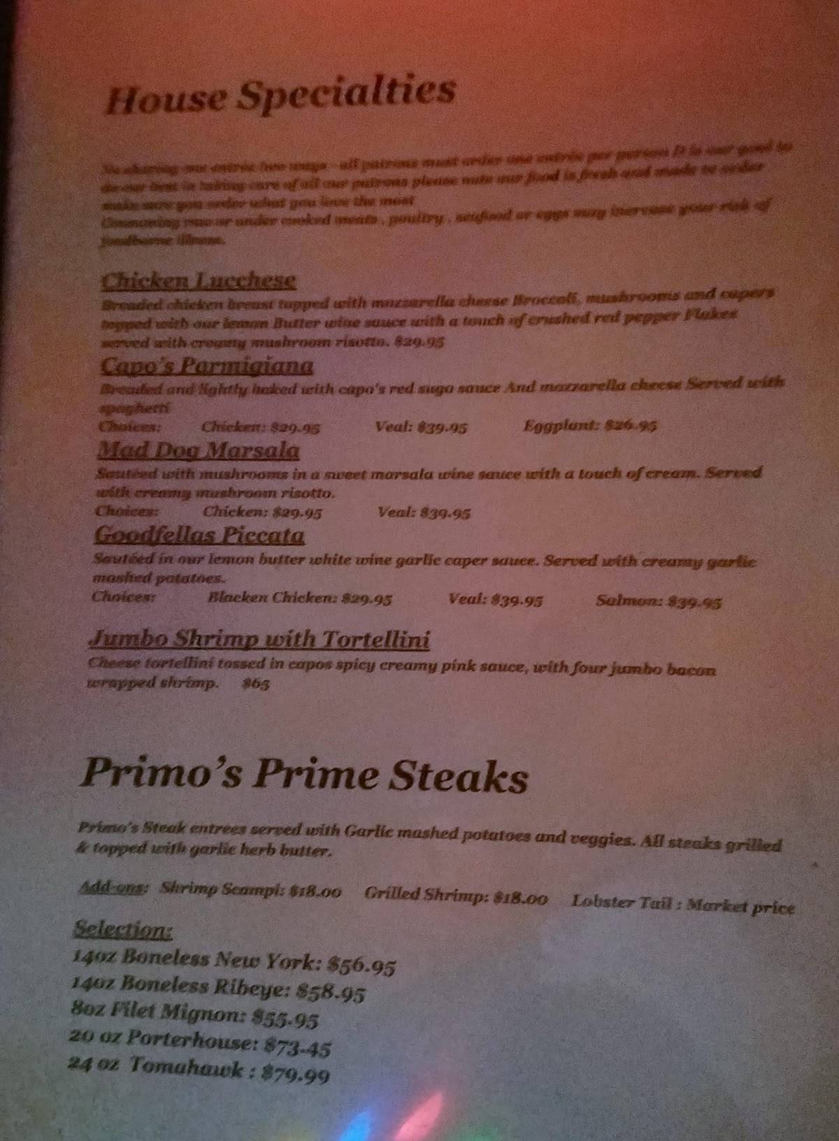 Menu at Capo's Restaurant and Speakeasy, Las Vegas