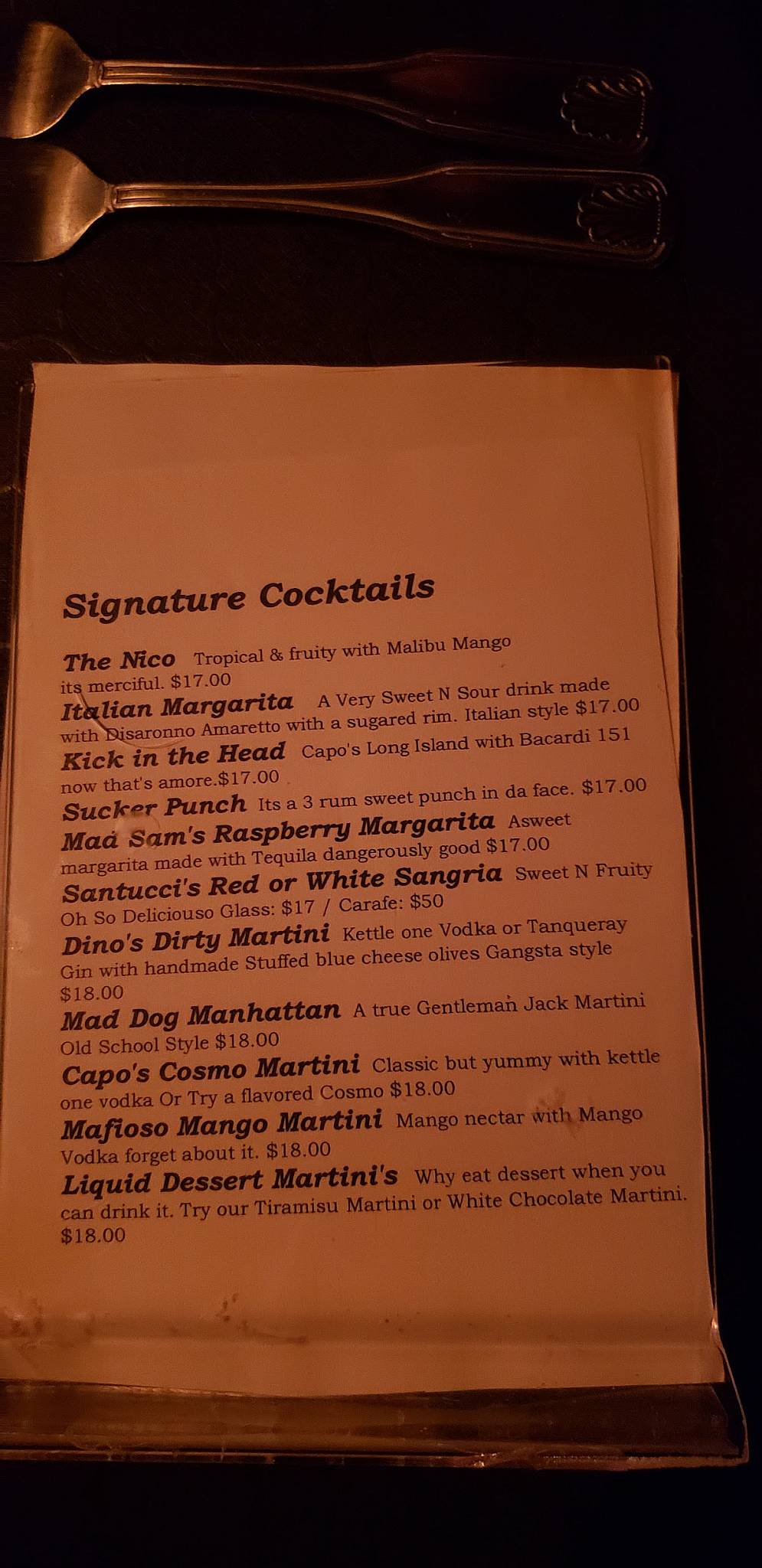 Menu at Capo's Restaurant and Speakeasy, Las Vegas