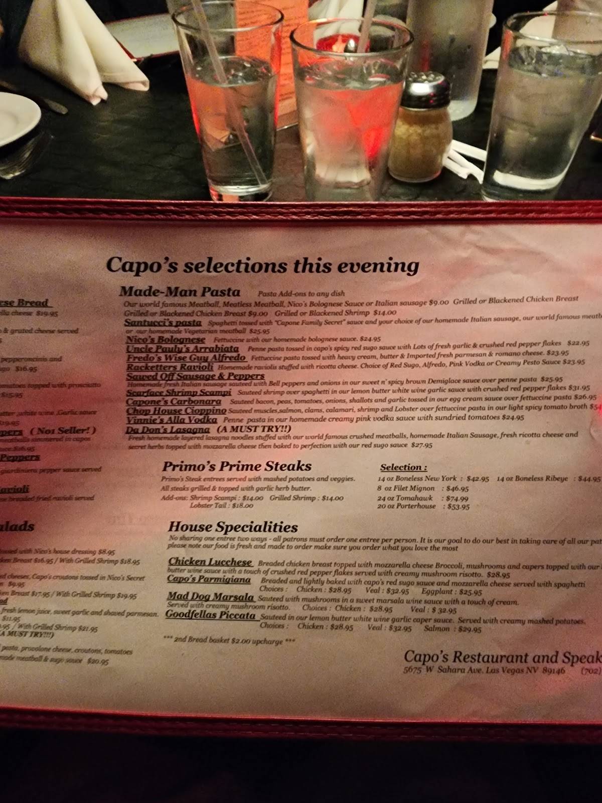 Menu at Capo's Restaurant and Speakeasy, Las Vegas