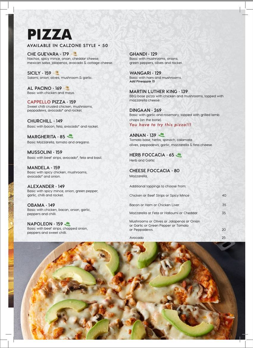 Menu at Cappello Newtown Junction restaurant, Johannesburg