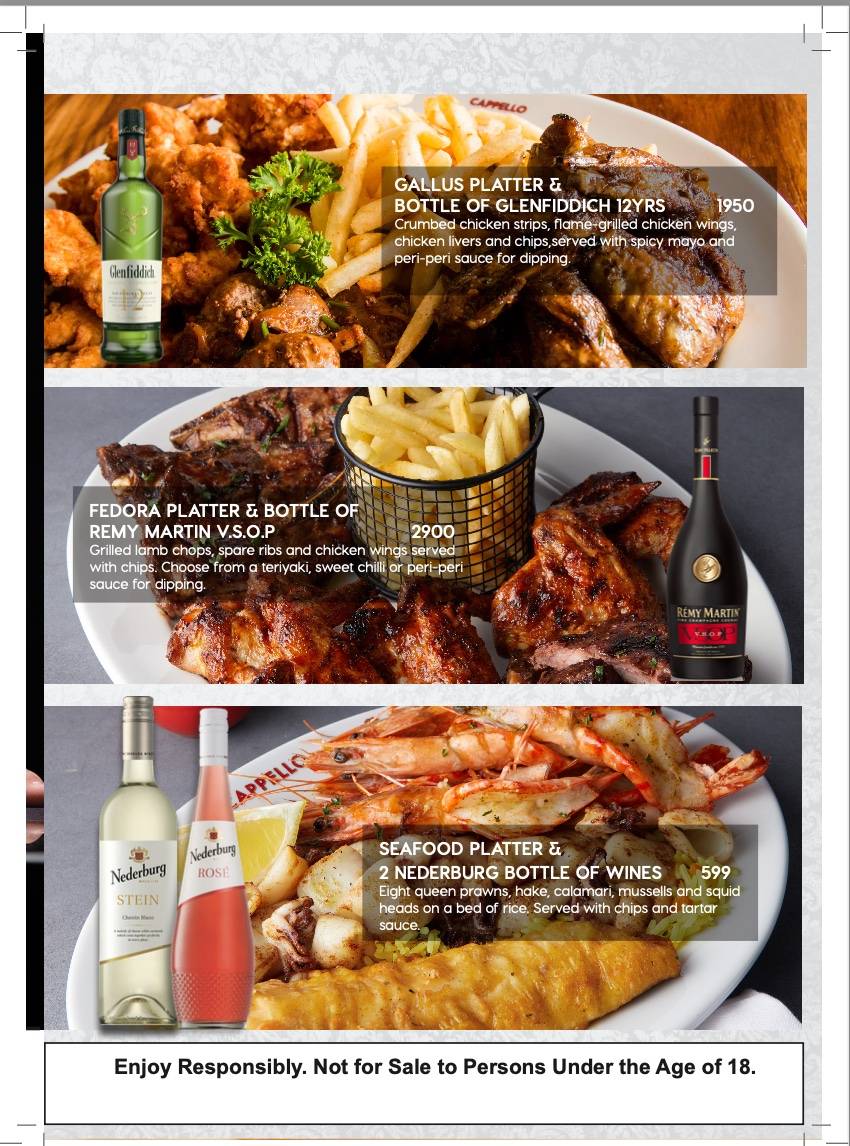 Menu at Cappello Newtown Junction restaurant, Johannesburg