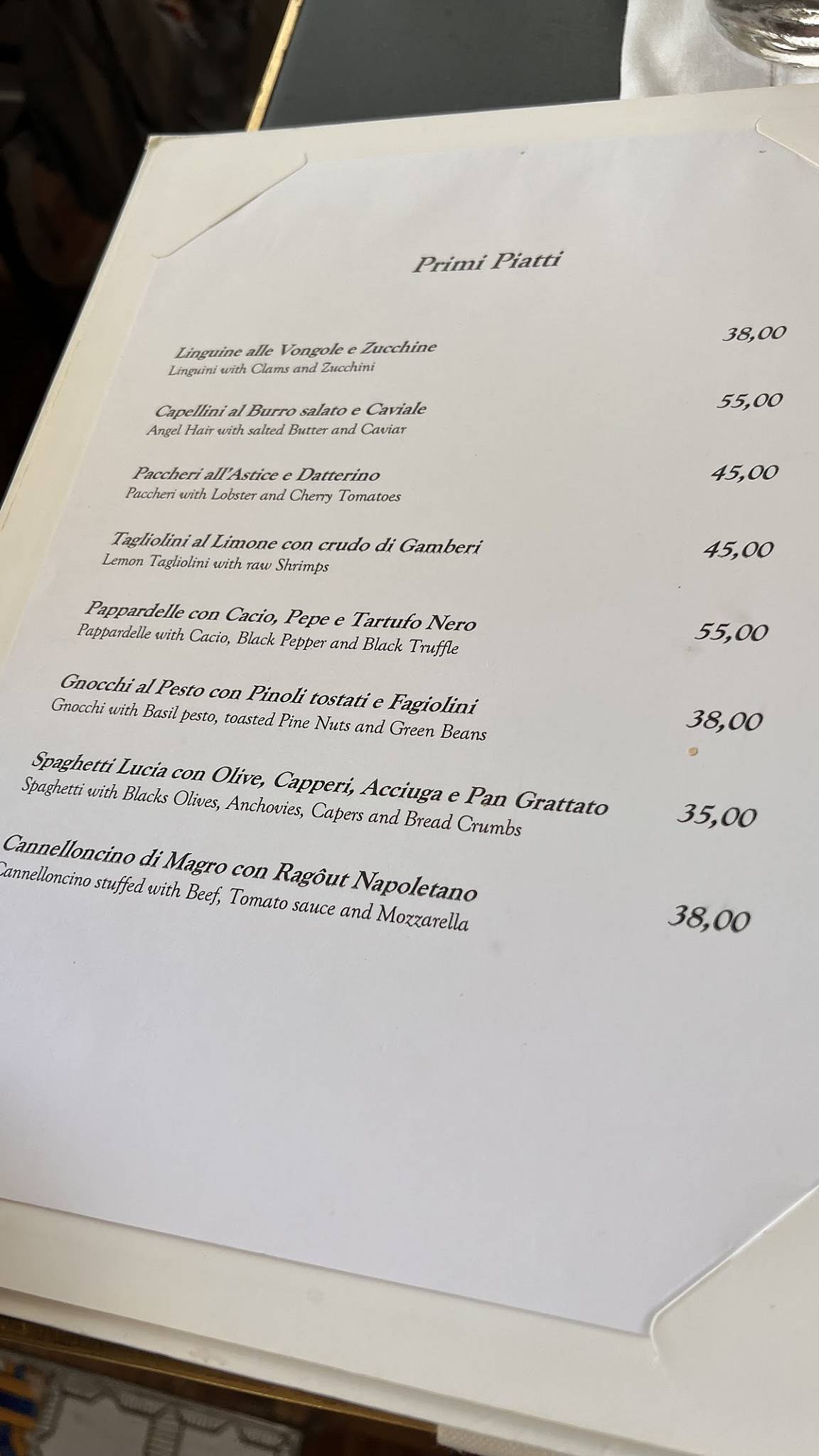 Menu at Aurora restaurant, Capri