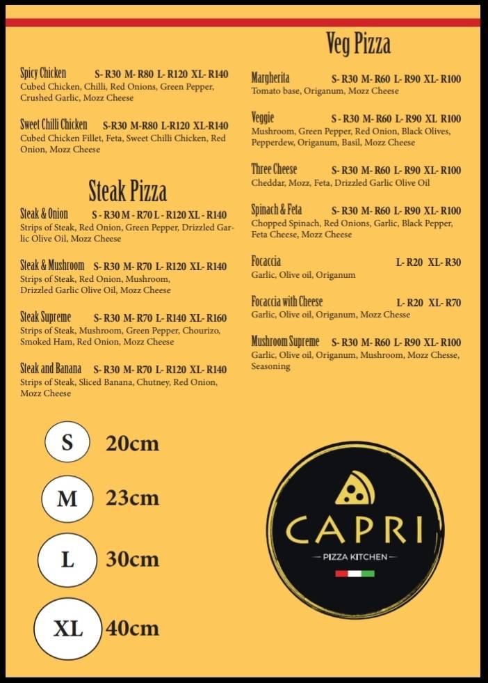 Menu at Capri Pizza Kitchen (est.2020) restaurant, Queensburgh