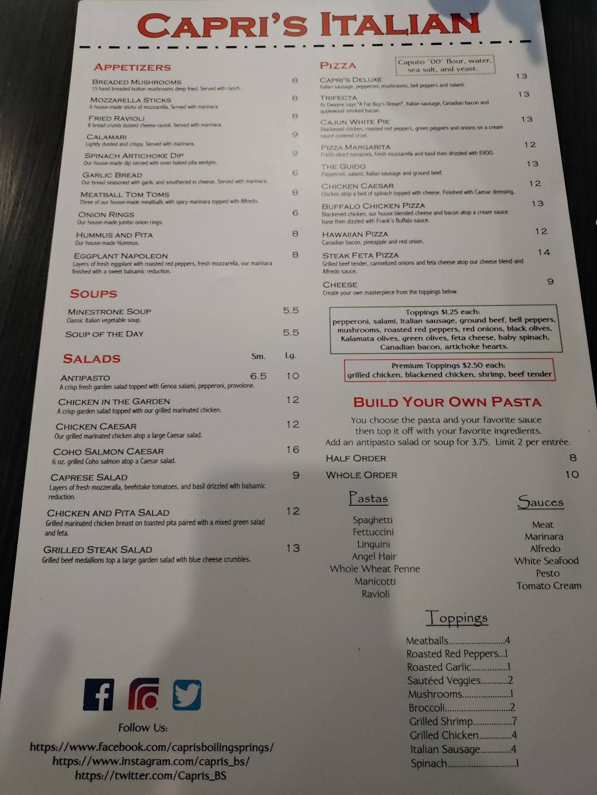 Menu at Capri's Italian Restaurant, Boiling Springs, Boiling Springs Rd