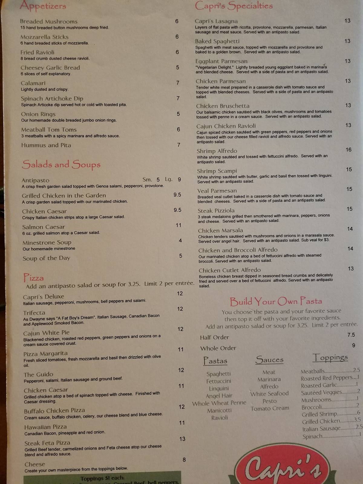 Menu at Capri's Italian Restaurant, Boiling Springs, Boiling Springs Rd