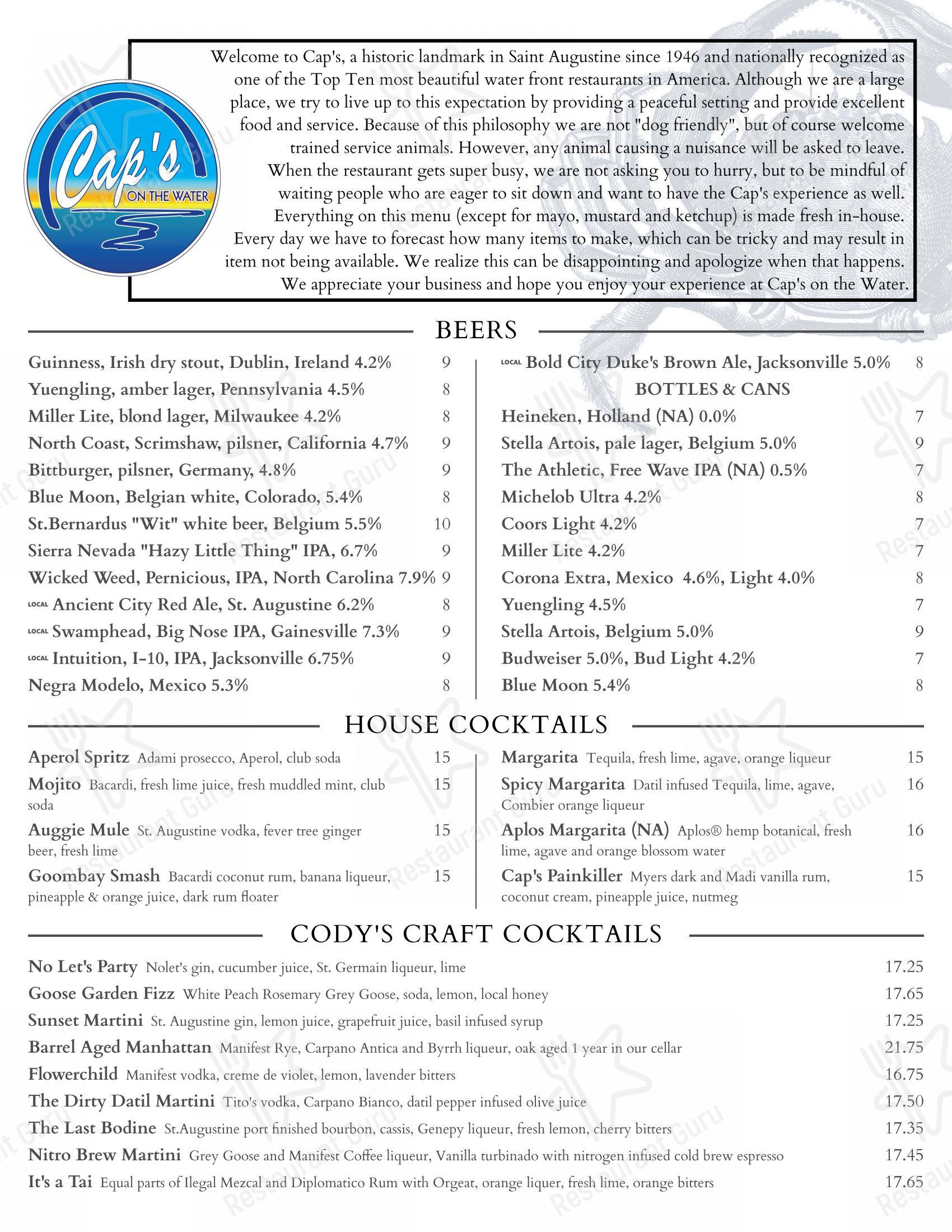 Menu at Cap's On the Water restaurant, Vilano Beach, Myrtle St