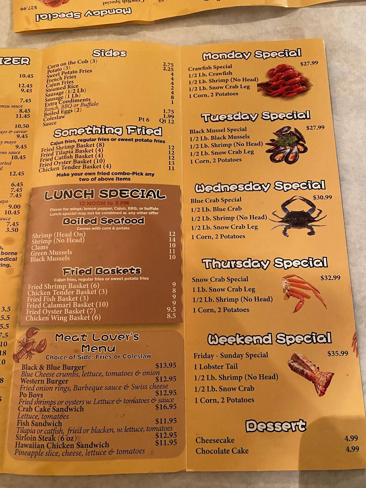 Menu at Captain Crab Seafood restaurant, Port Charlotte