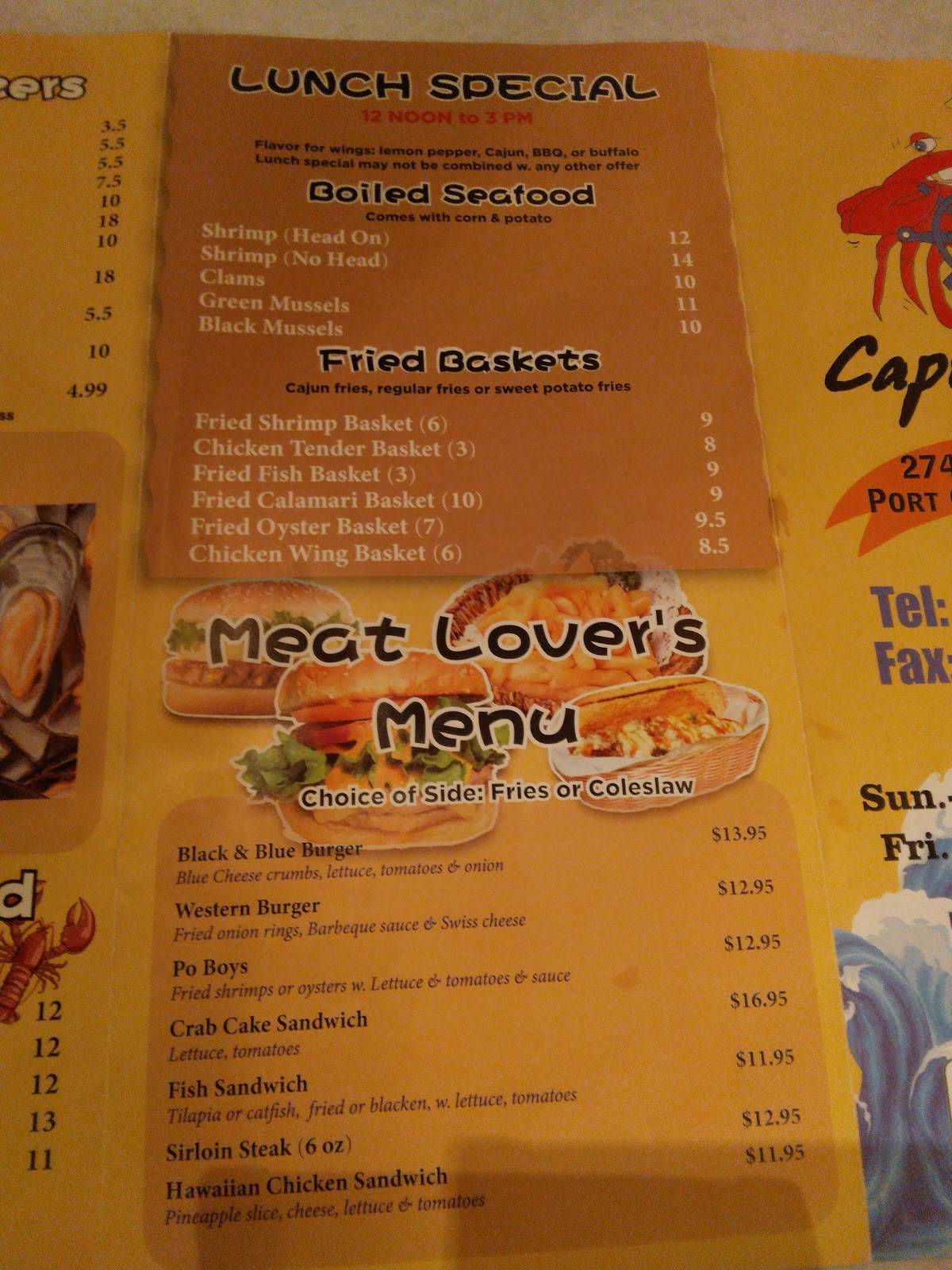 Menu at Captain Crab Seafood restaurant, Port Charlotte