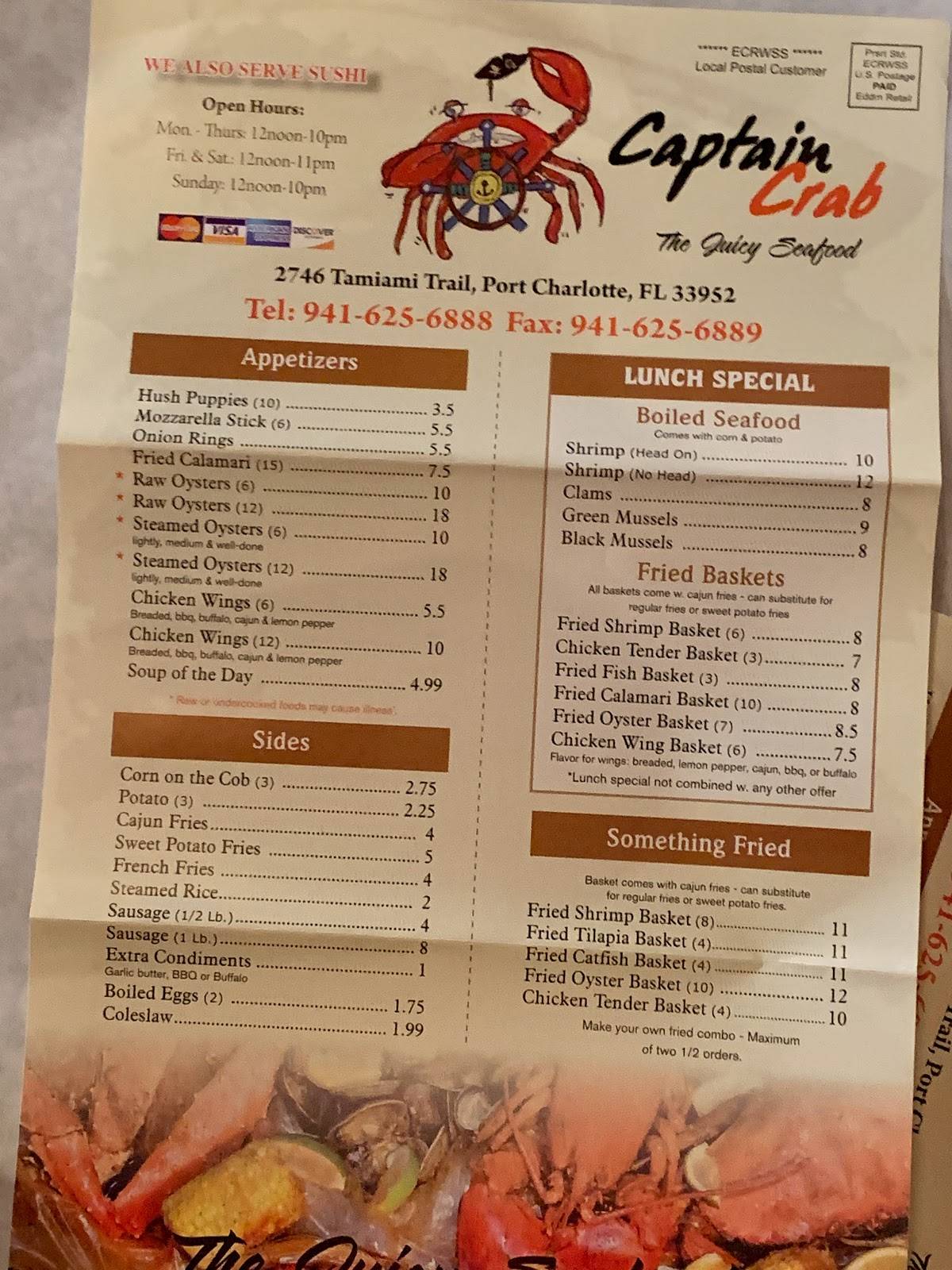 Menu at Captain Crab Seafood restaurant, Port Charlotte