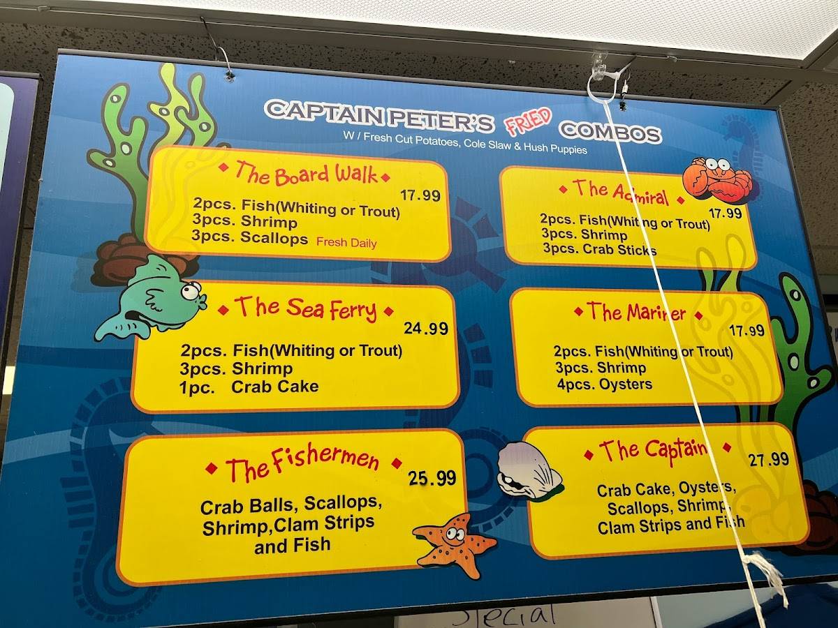 Menu at Captain Peter's Seafood restaurant, Clinton