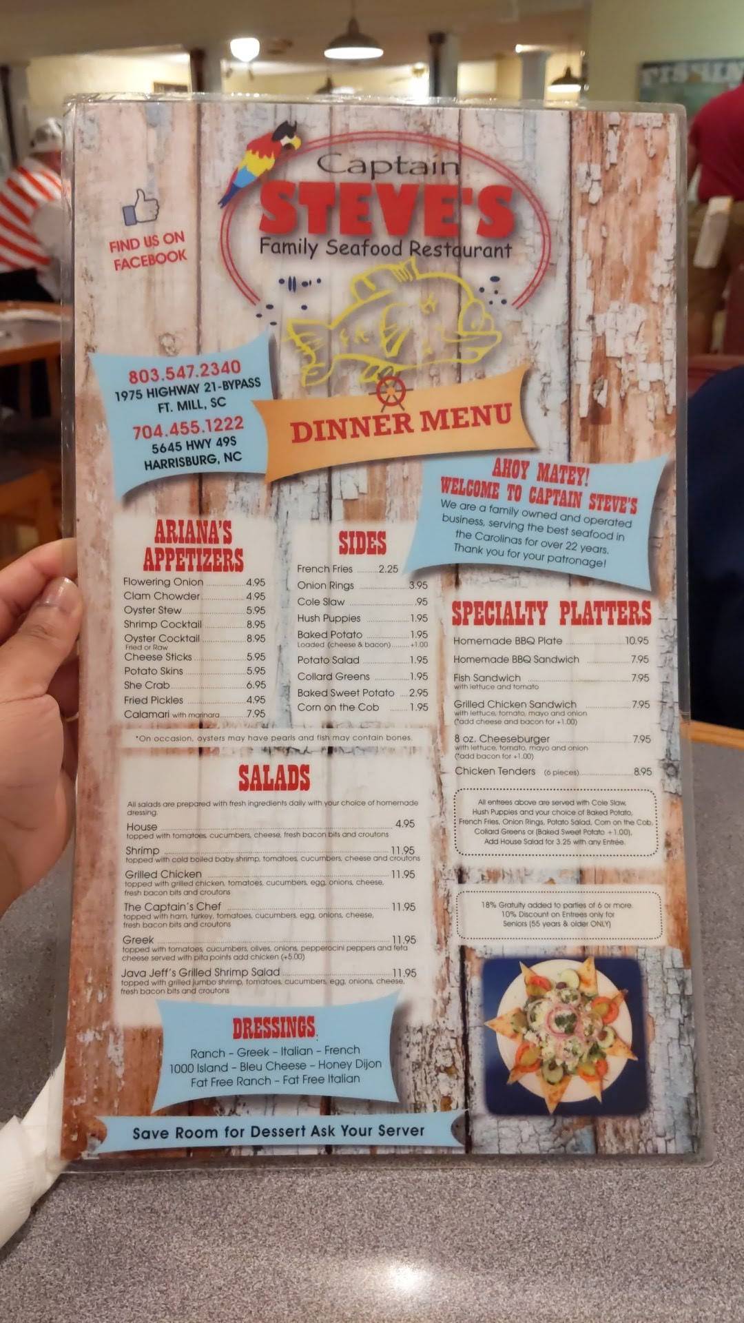 Menu at Captain Steve's Family Seafood Restaurant in Fort Mill, SC ...