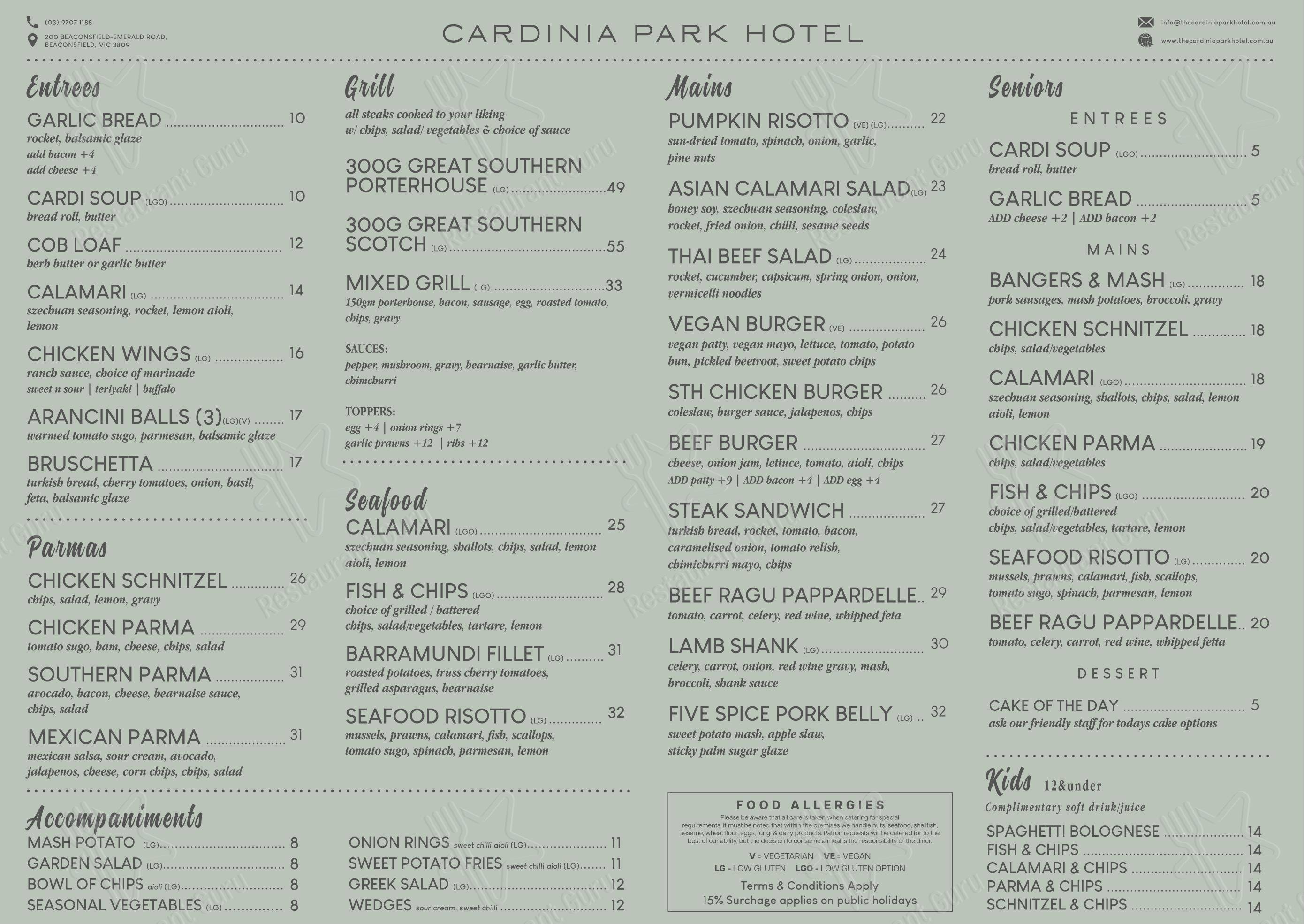 Menu at Cardinia Park Hotel restaurant, Beaconsfield