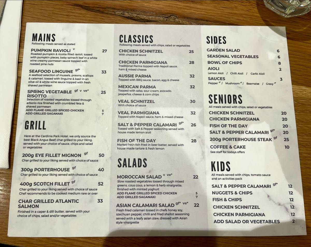 Menu at Cardinia Park Hotel restaurant, Beaconsfield