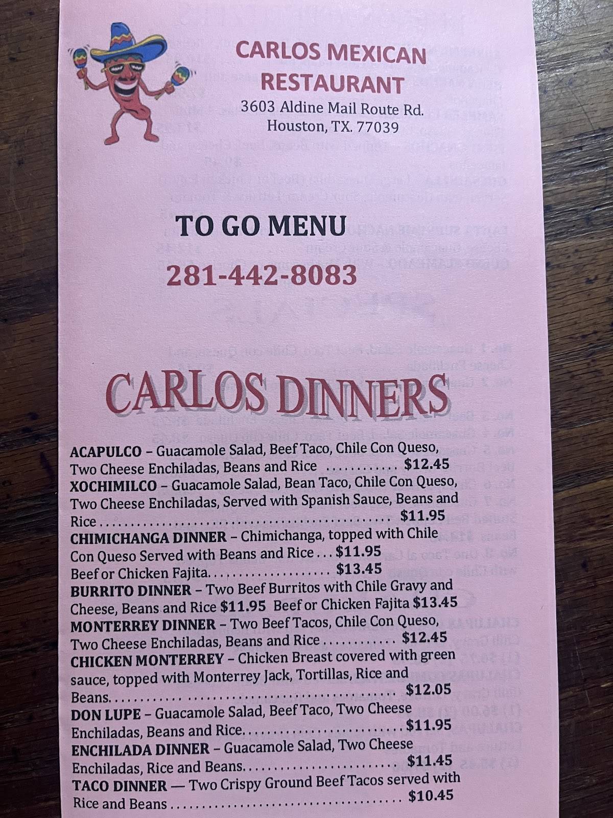 Menu at Carlos Mexican Restaurant, Houston, Aldine Mail Rte Rd