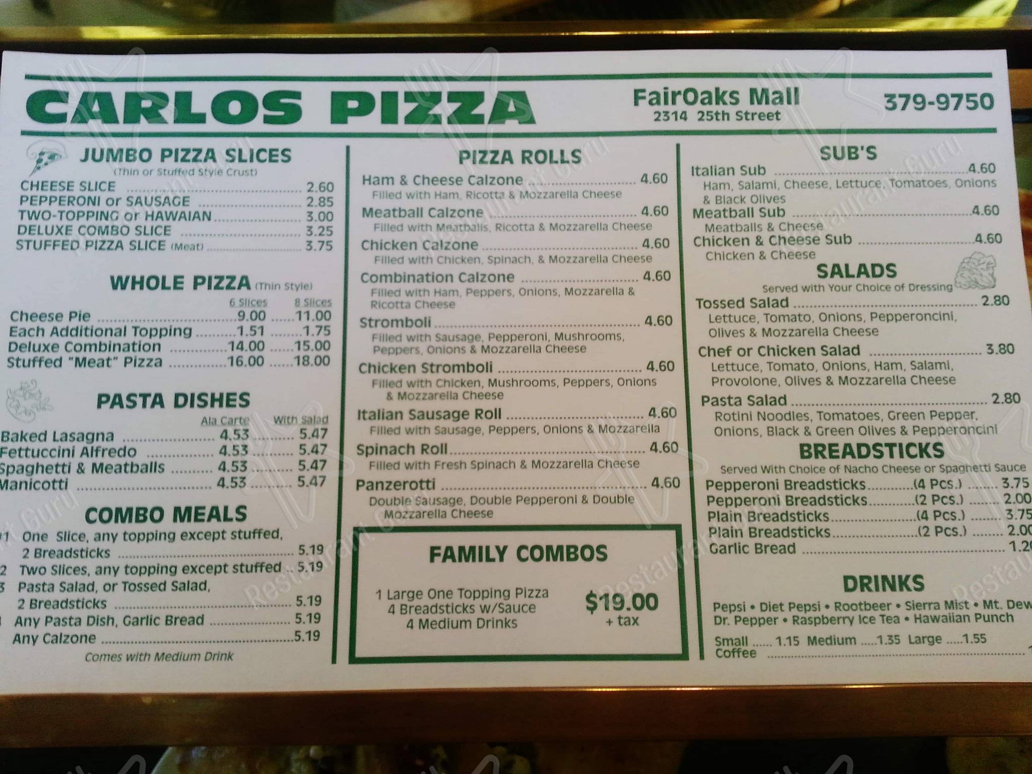 Menu at Carlos Pizza pizzeria, Columbus