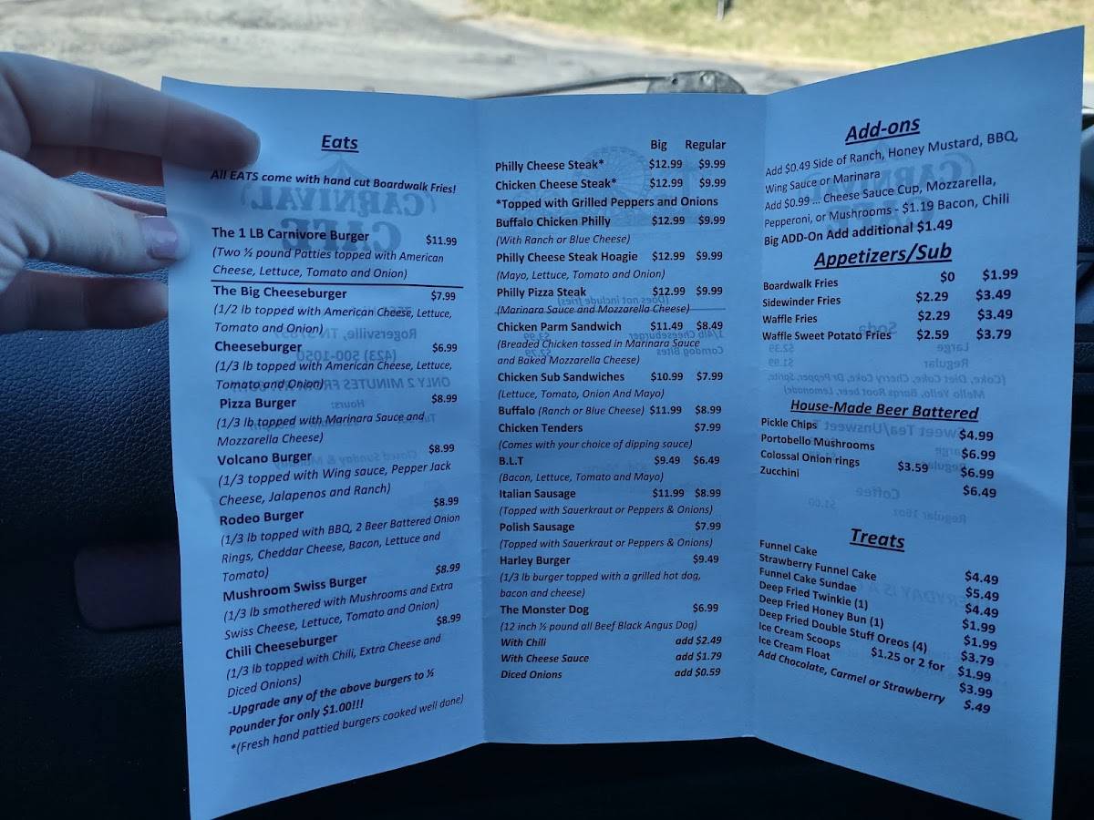 Menu at Carnival Cafe, Rogersville