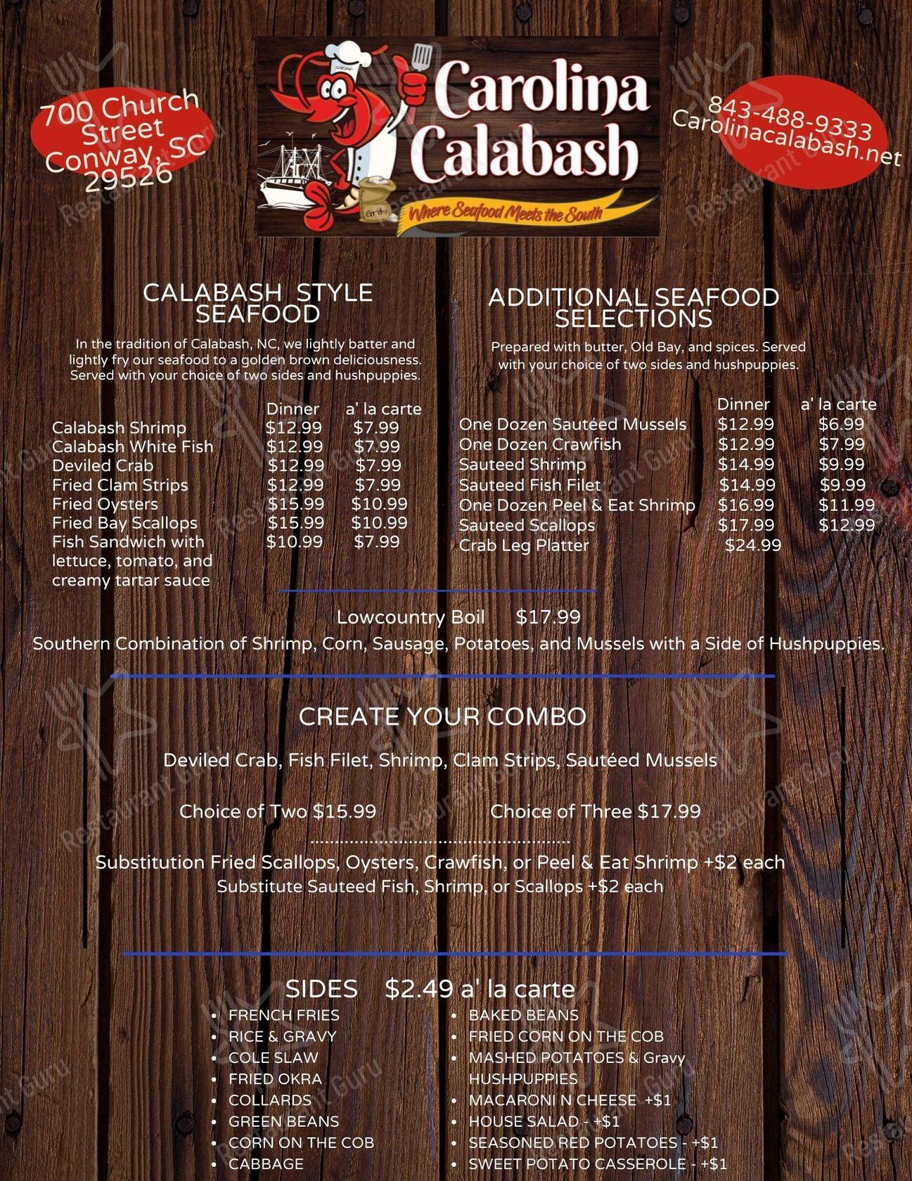 Menu at Carolina Calabash restaurant, Conway