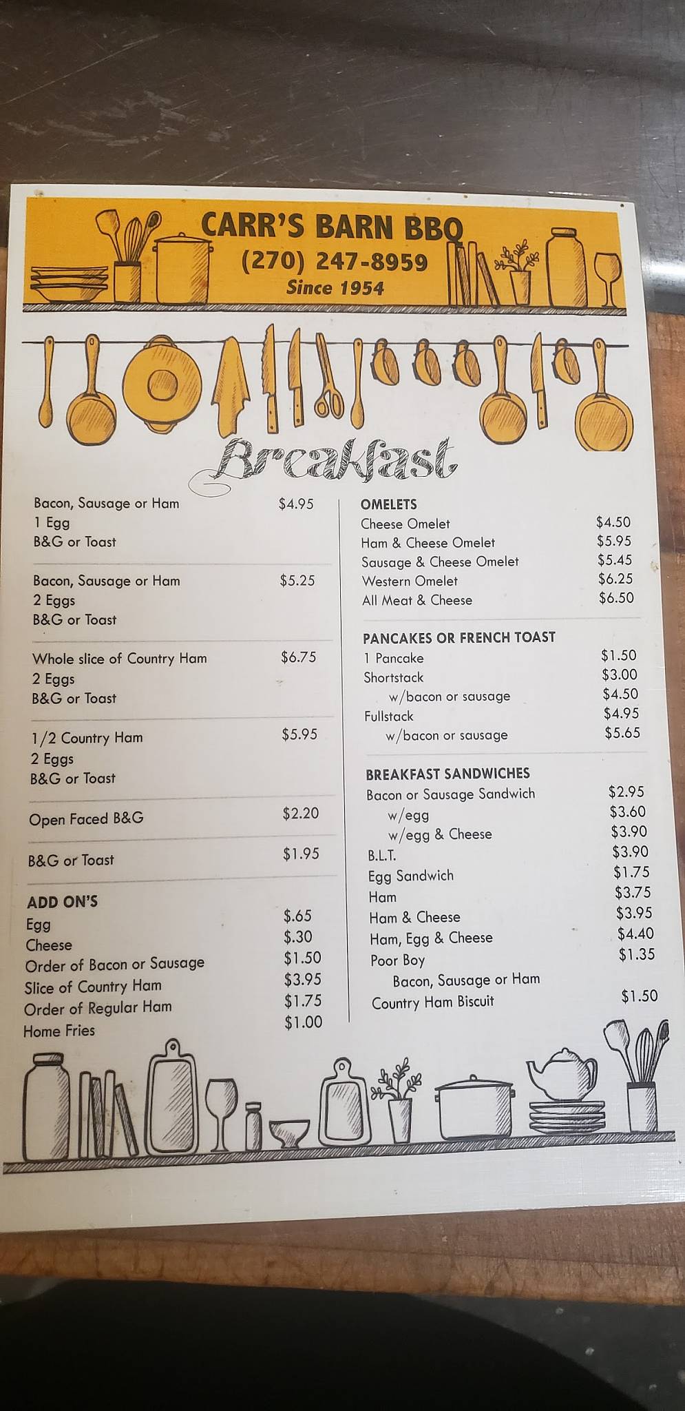 Menu at Carr's Barn, Mayfield