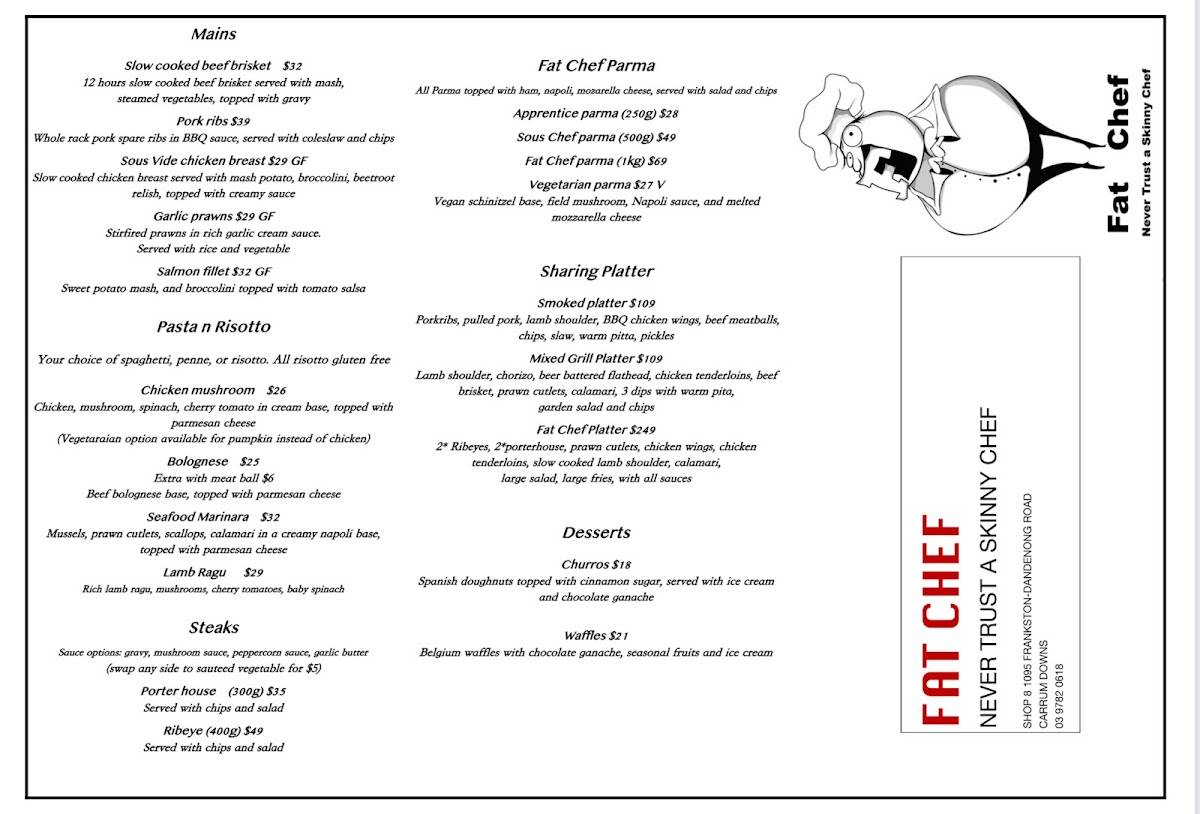Menu at FAT CHEF Carrum Downs cafe, Carrum Downs, Frankston - Dandenong Rd