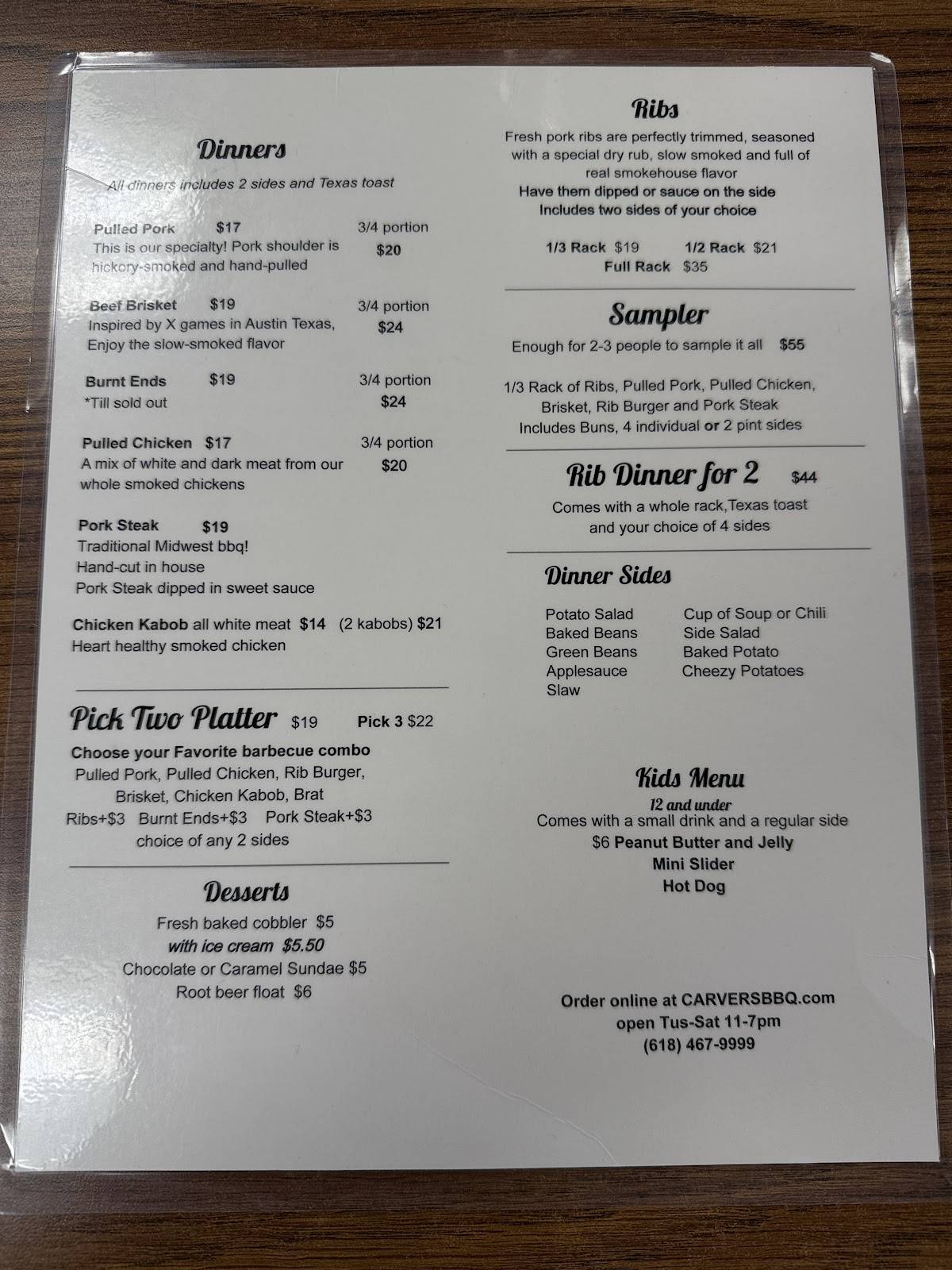 Menu at Carver’s BBQ, Godfrey