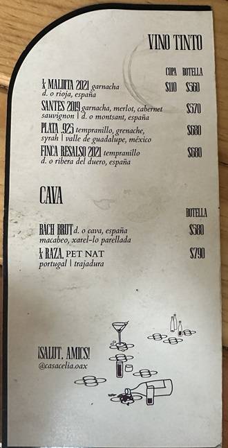 Menu at Casa Celia Restaurante, Oaxaca