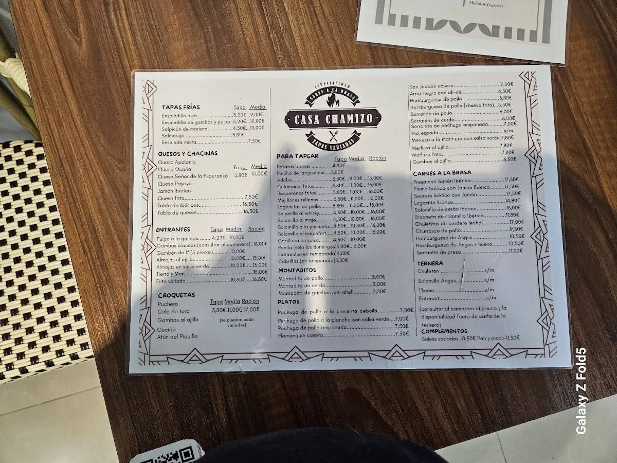 Carta del restaurante Casa Chamizo, Marchena