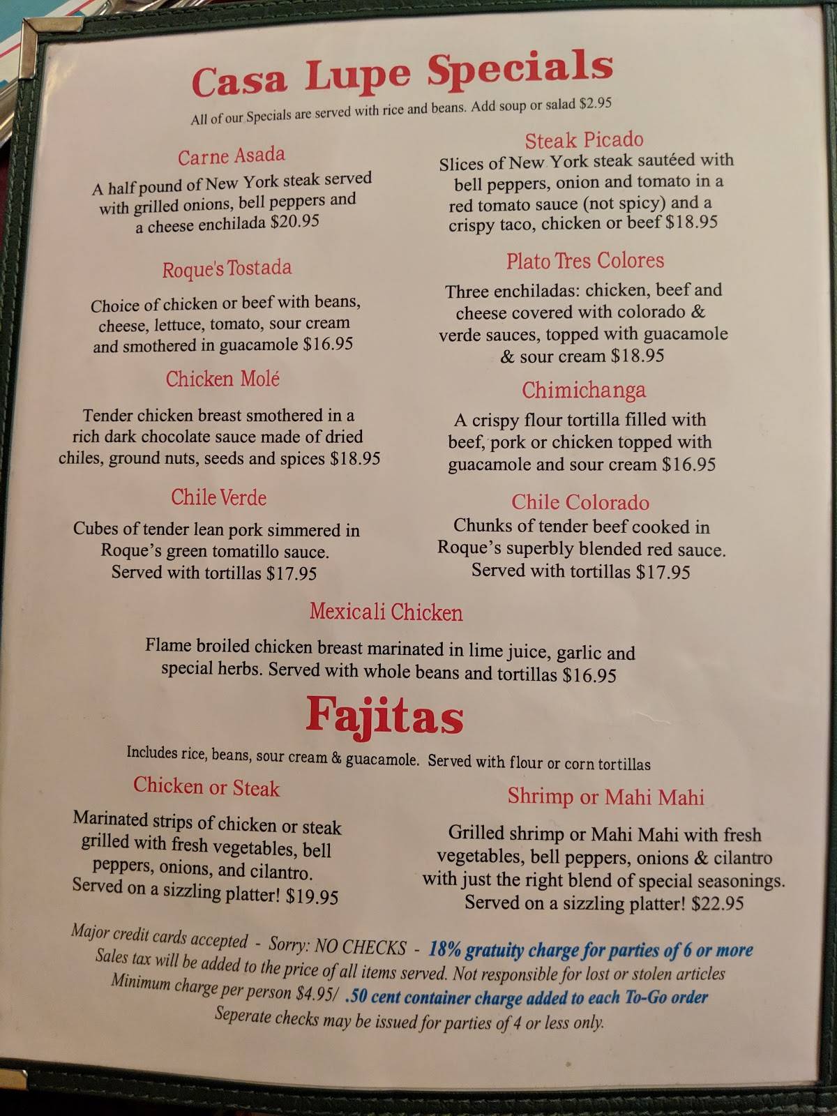 Menu at Casa Lupe restaurant, Sunnyvale