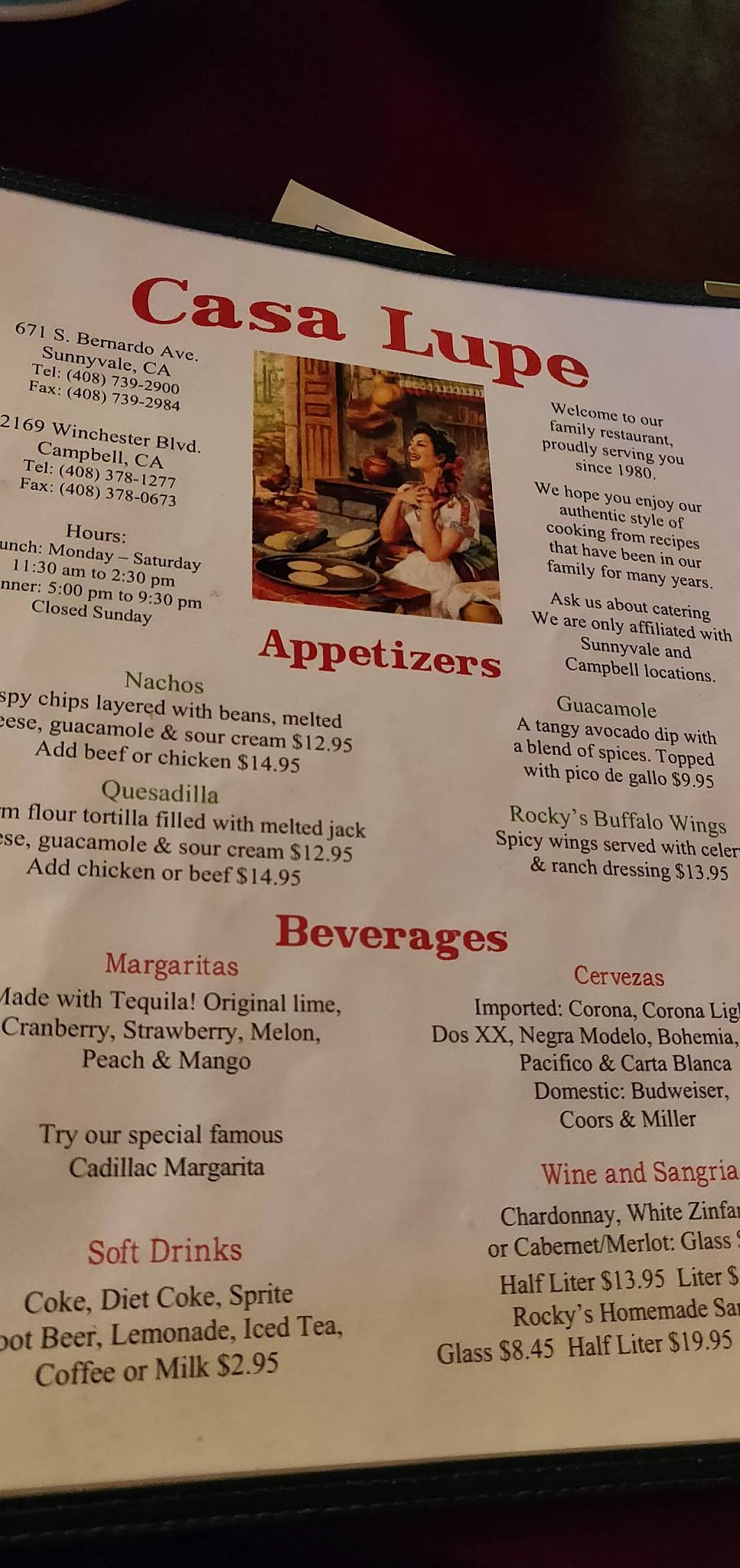 Menu at Casa Lupe restaurant, Sunnyvale