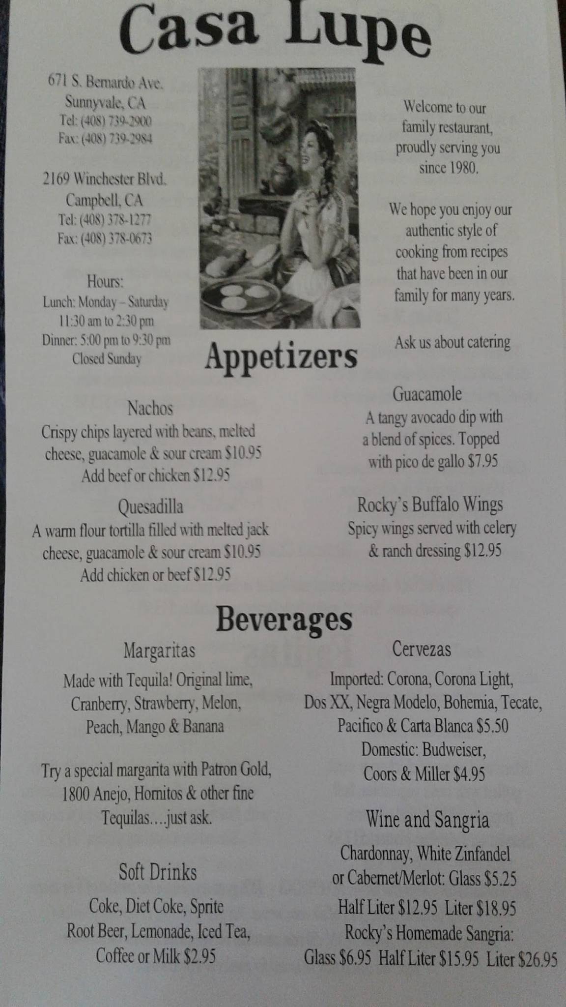 Menu at Casa Lupe restaurant, Sunnyvale