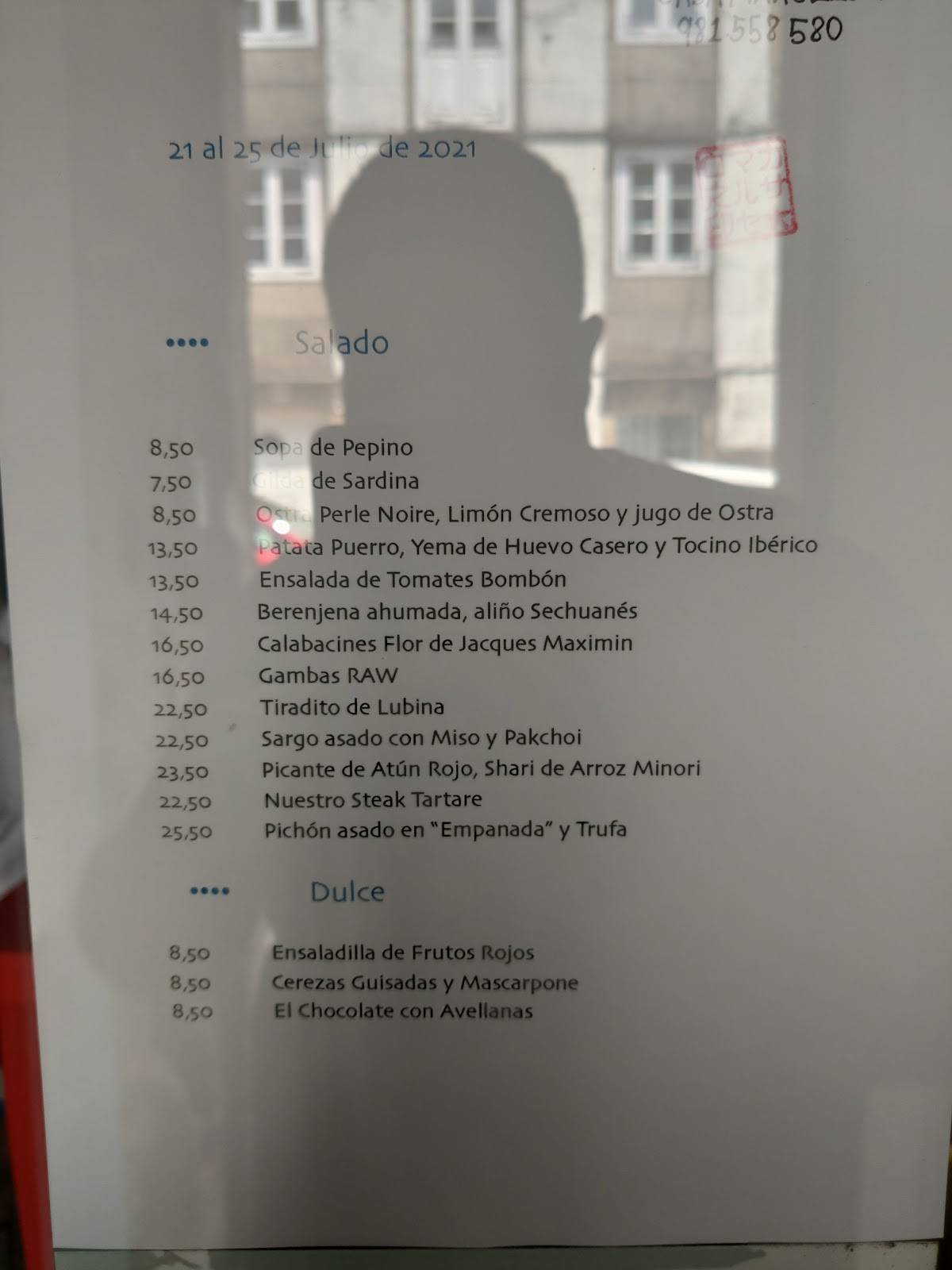 Carta del restaurante Casa Marcelo, Santiago del Compostela