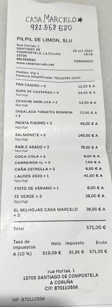 Carta del restaurante Casa Marcelo, Santiago del Compostela