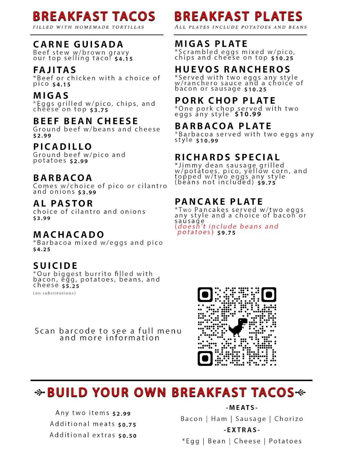Menu at Casa Moreno's restaurant, Austin, E Ben White Blvd