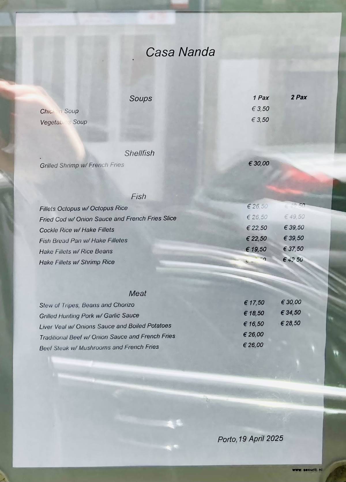 Menu at Casa Nanda restaurant, Porto