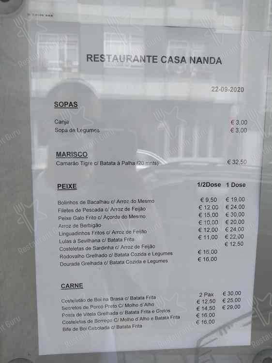 Menu em Casa Nanda restaurante, Porto