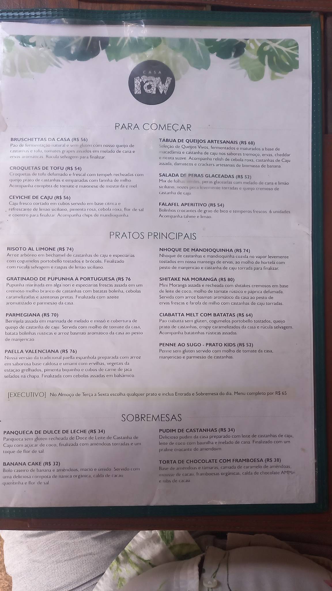 Menu at Casa RAW restaurant, São Paulo