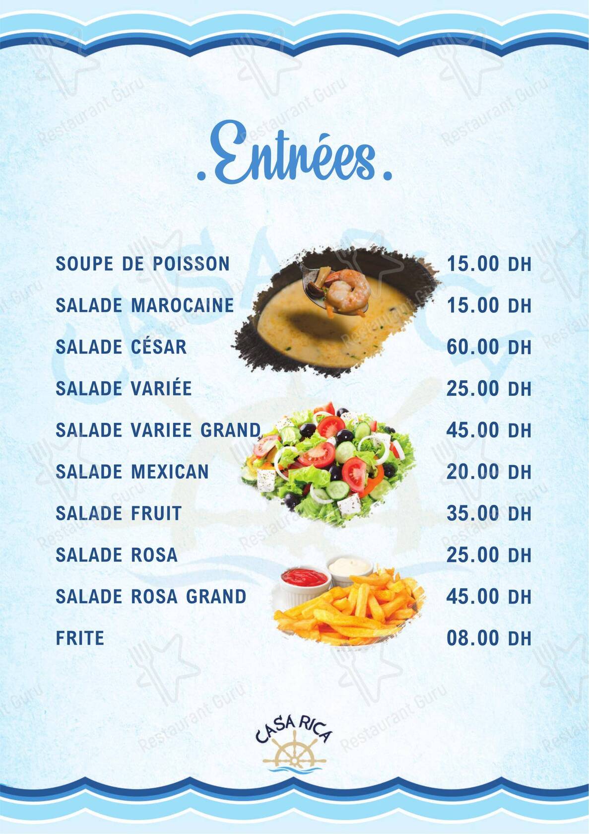 Carta del restaurante Casa Rica, Nador