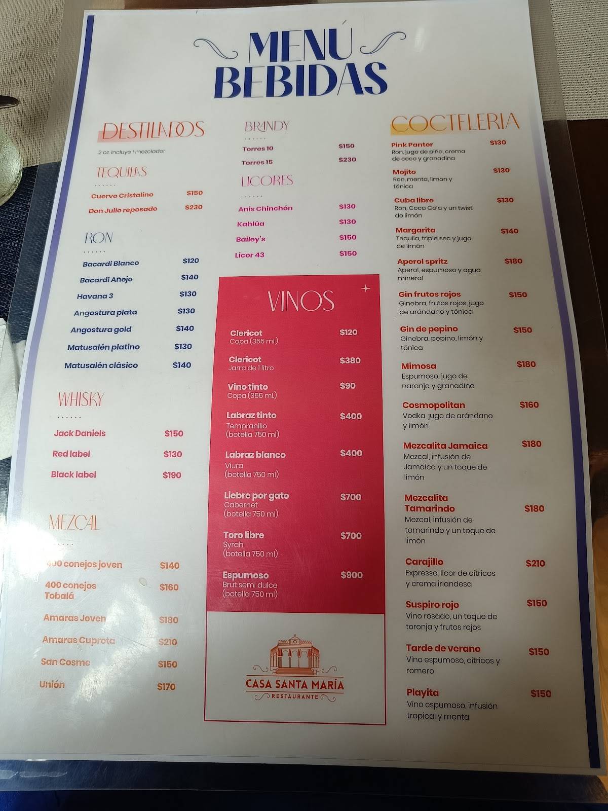 Menu at Casa Santa Maria restaurant, Mexico City