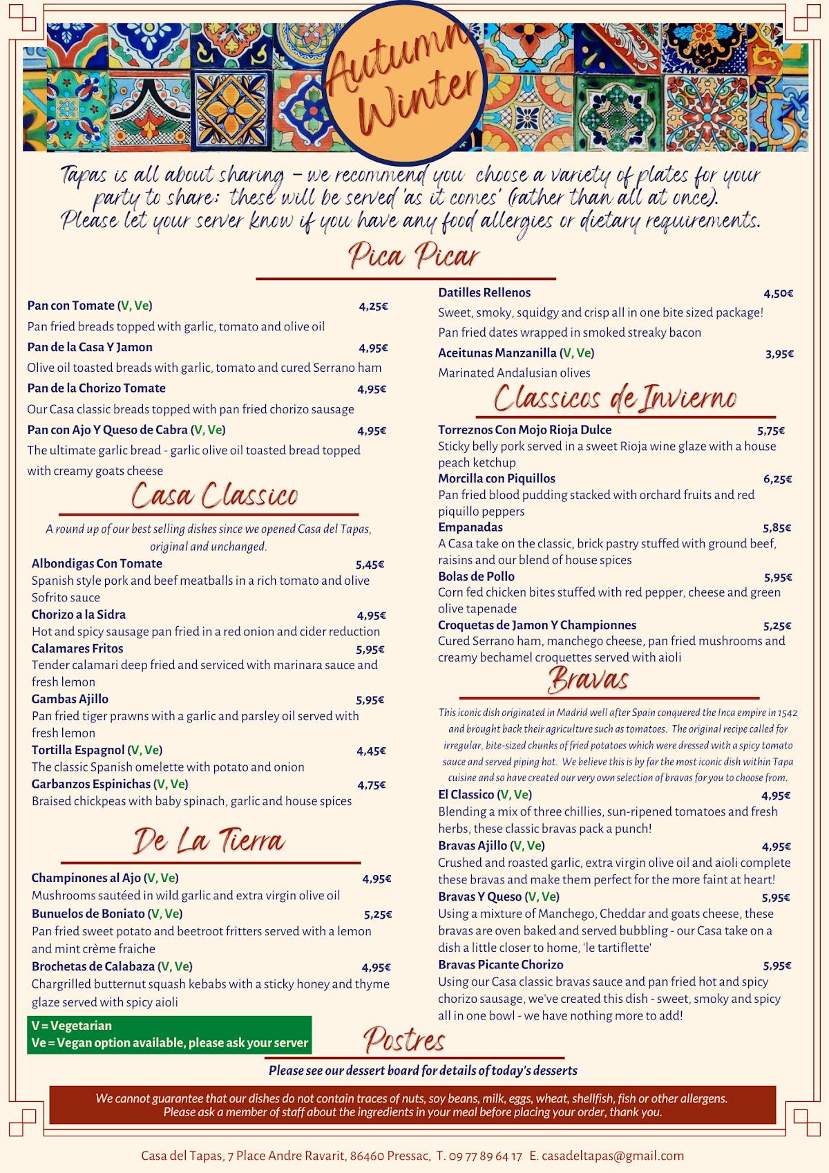 Menu au Casa del Tapas pub et bar, Pressac