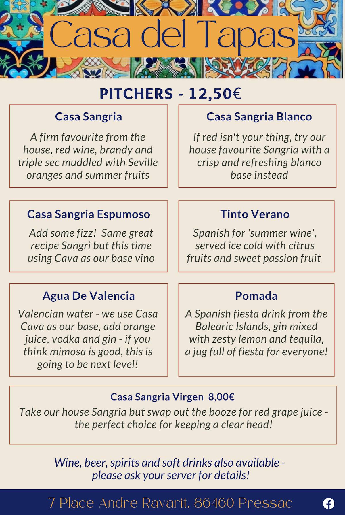 Menu au Casa del Tapas pub et bar, Pressac
